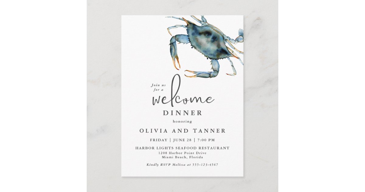 Watercolor Blue Crab Seafood Welcome Dinner Postcard | Zazzle