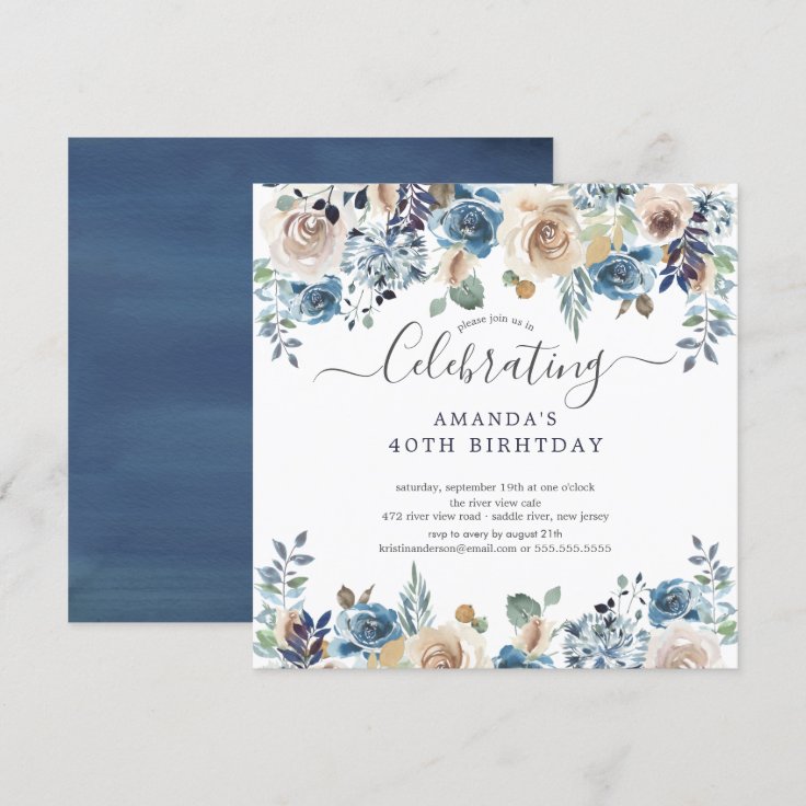Watercolor Blue & Cream Floral Birthday Party Invi Invitation | Zazzle