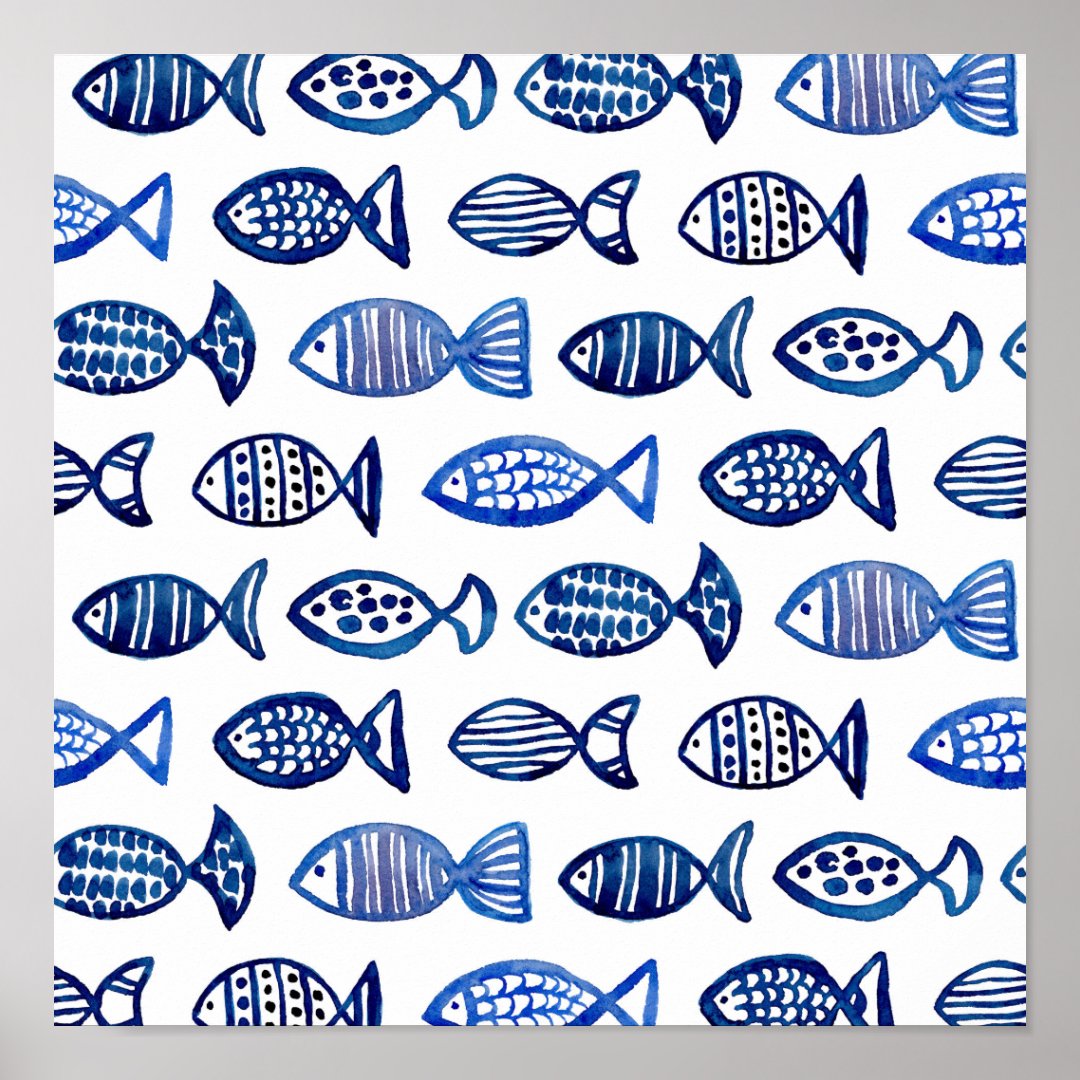 Watercolor blue fish pattern print. Sea animal art Poster | Zazzle