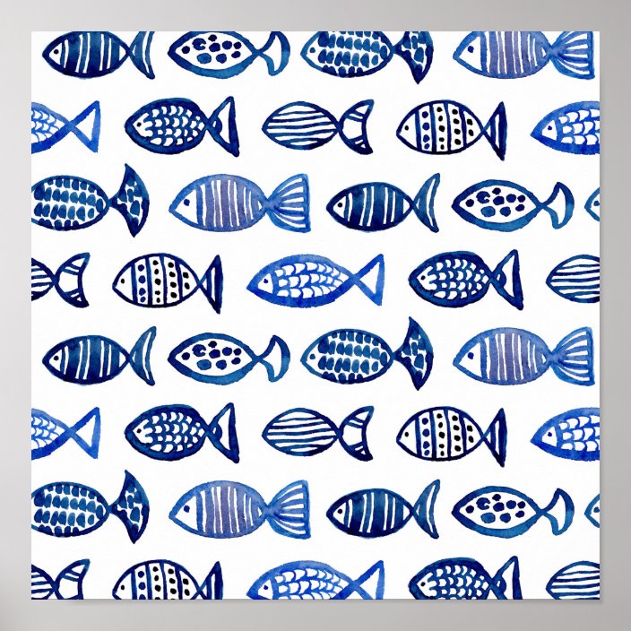 Watercolor blue fish pattern print. Sea animal art Poster | Zazzle.com