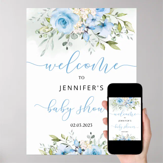 Watercolor blue floral baby shower welcome sign | Zazzle