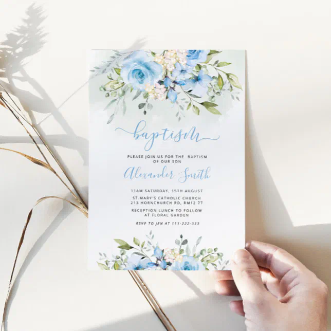 Watercolor blue floral boy baptism invitation | Zazzle