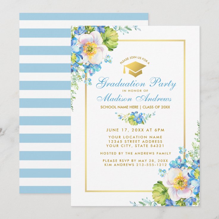 Watercolor Blue Floral Gold Grad Party Invite S | Zazzle