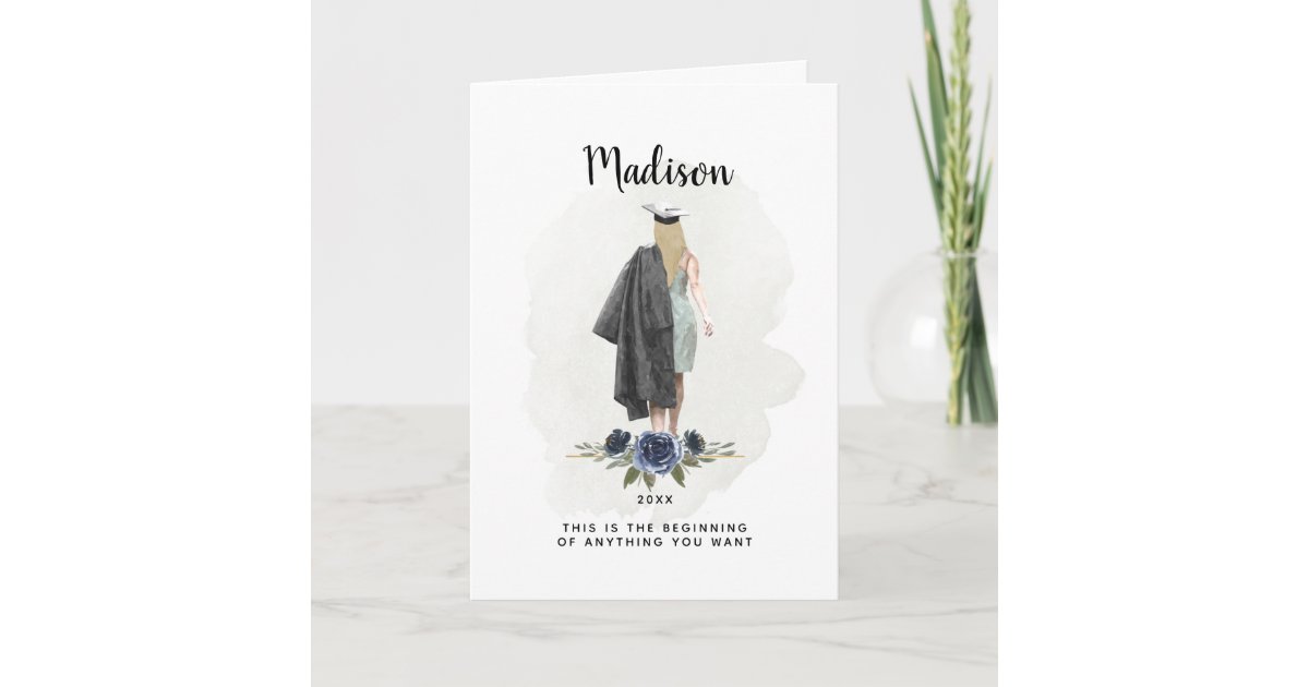 Watercolor Blue Floral Graduation Blonde Girl Card | Zazzle