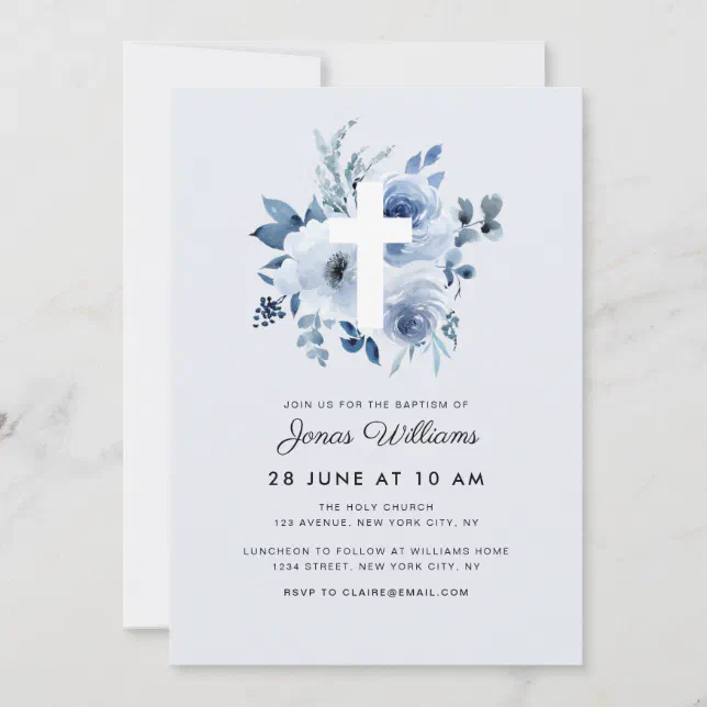 watercolor blue florals Baptism invitation | Zazzle