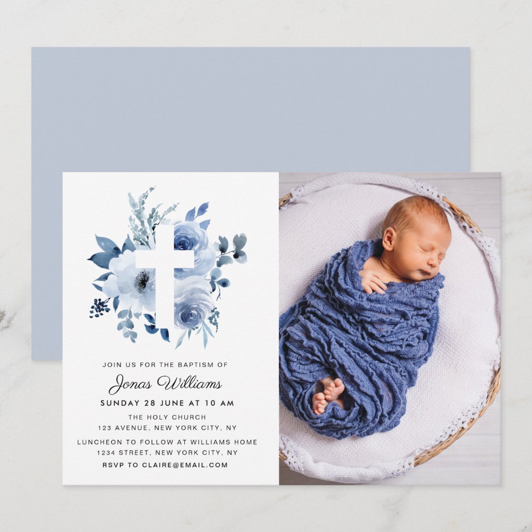 watercolor blue florals Baptism photo invitation | Zazzle