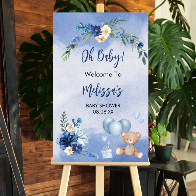 Watercolor Blue Flower Oh Boy Welcome Baby Shower Foam Board | Zazzle