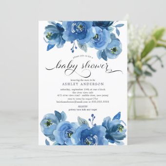 Watercolor Blue Flowers Baby Shower Invitation | Zazzle