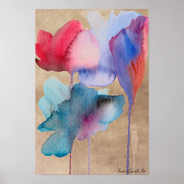 Watercolor blue flowers modern floral on taupe poster | Zazzle