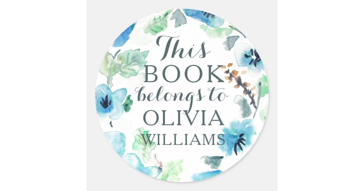 Watercolor Blue Flowers This Book Belongs Stickers | Zazzle
