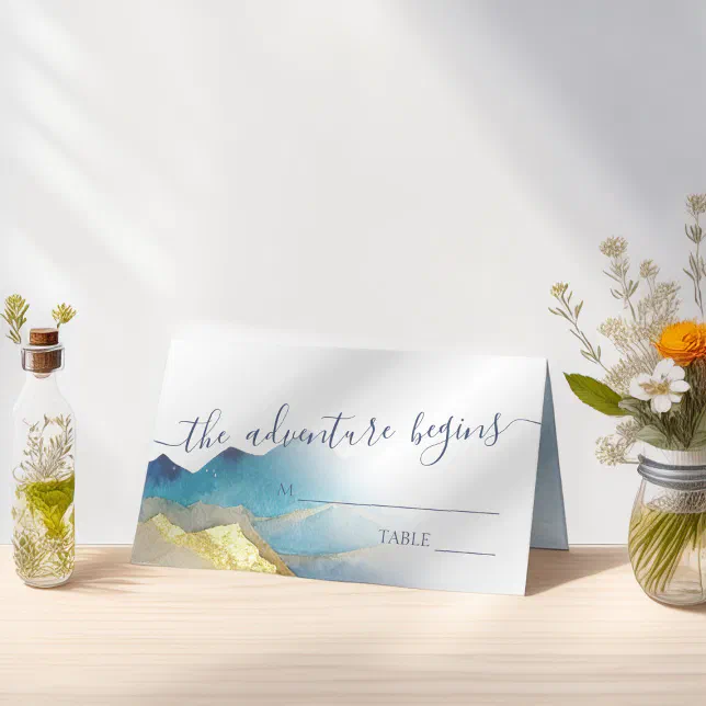 Watercolor Blue Gold Foil Mountain Outdoor Wedding Place Card | Zazzle
