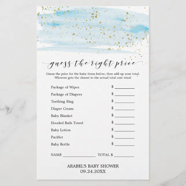 Watercolor Blue & Gold Guess The Right Price Game Flyer | Zazzle