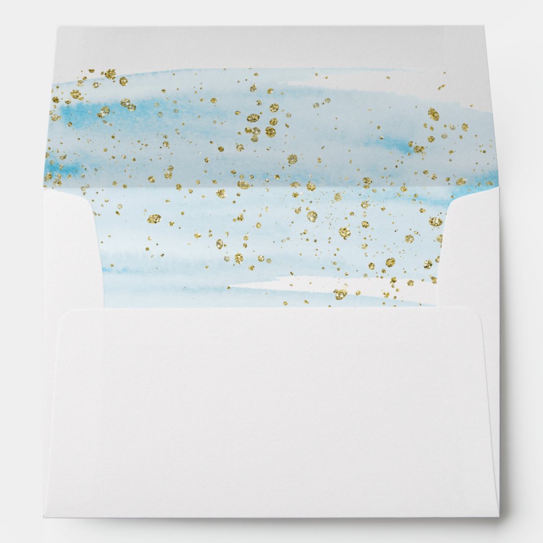 Watercolor Blue & Gold Lined Wedding Invitation Envelope | Zazzle