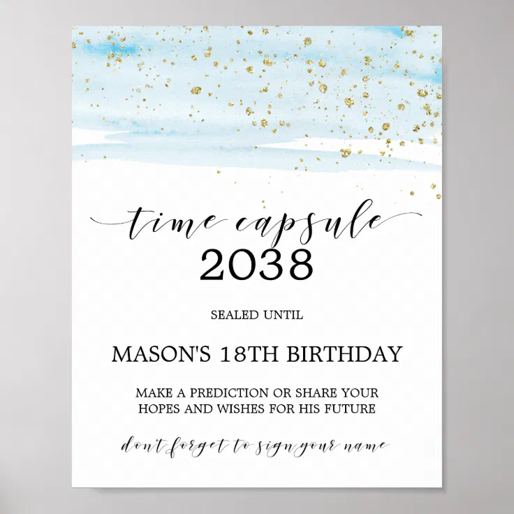 Watercolor Blue & Gold Sparkle Time Capsule Sign | Zazzle