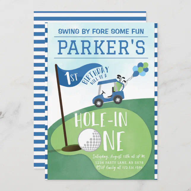 Watercolor Blue Hole In One Golf 1st Birthday Invitation | Zazzle