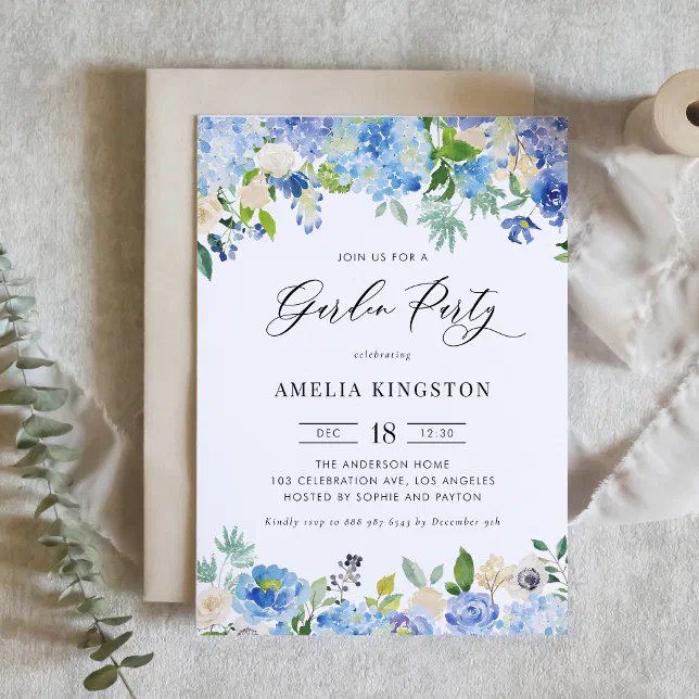 Watercolor Blue Hydrangea Floral Garden Party Invitation | Zazzle