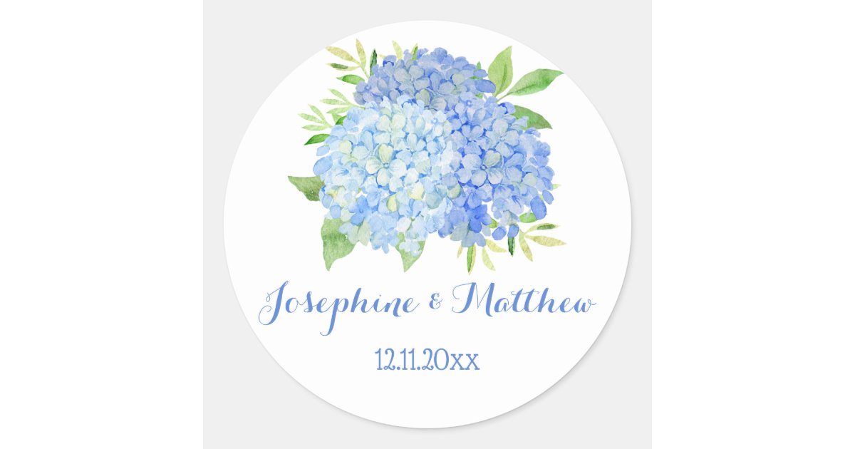 Watercolor Blue Hydrangea Flowers Wedding Classic Round Sticker | Zazzle