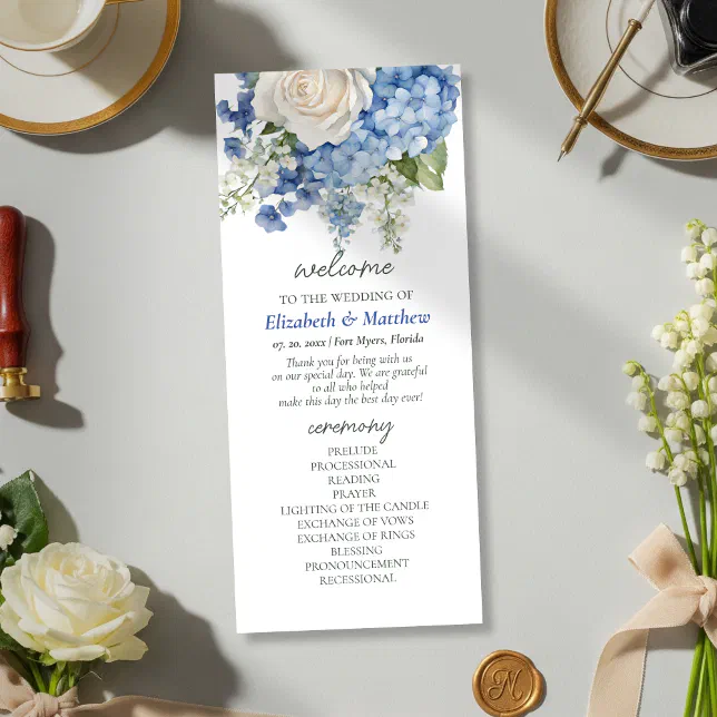 Watercolor Blue Hydrangea White Roses Wedding Program | Zazzle