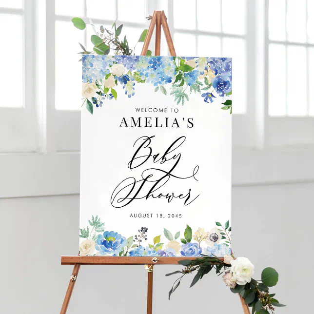 Watercolor Blue Hydrangeas Baby Shower Welcome Poster | Zazzle