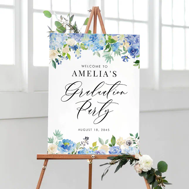 Watercolor Blue Hydrangeas Graduation Welcome Sign | Zazzle