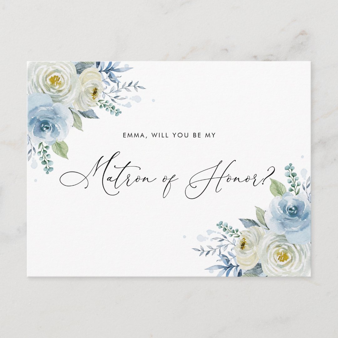 Watercolor Blue & Ivory Roses Matron of Honor Postcard | Zazzle