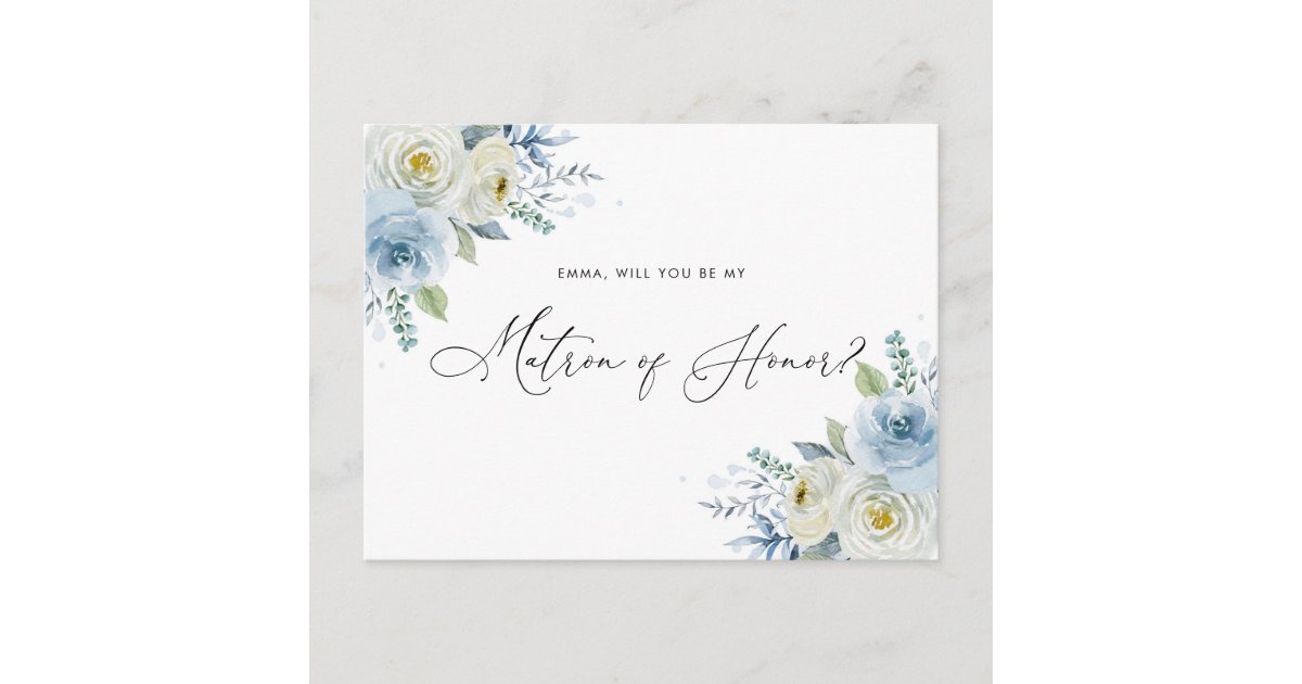 Watercolor Blue & Ivory Roses Matron of Honor Postcard | Zazzle