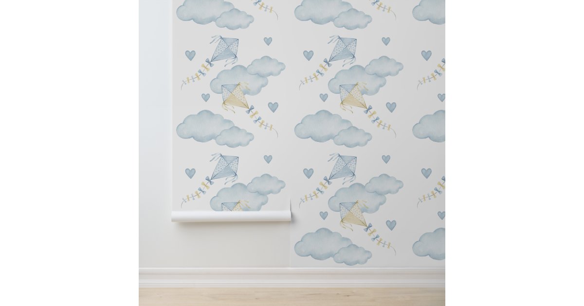 Watercolor Blue Kites Clouds Baby Boy Nursery Wallpaper | Zazzle
