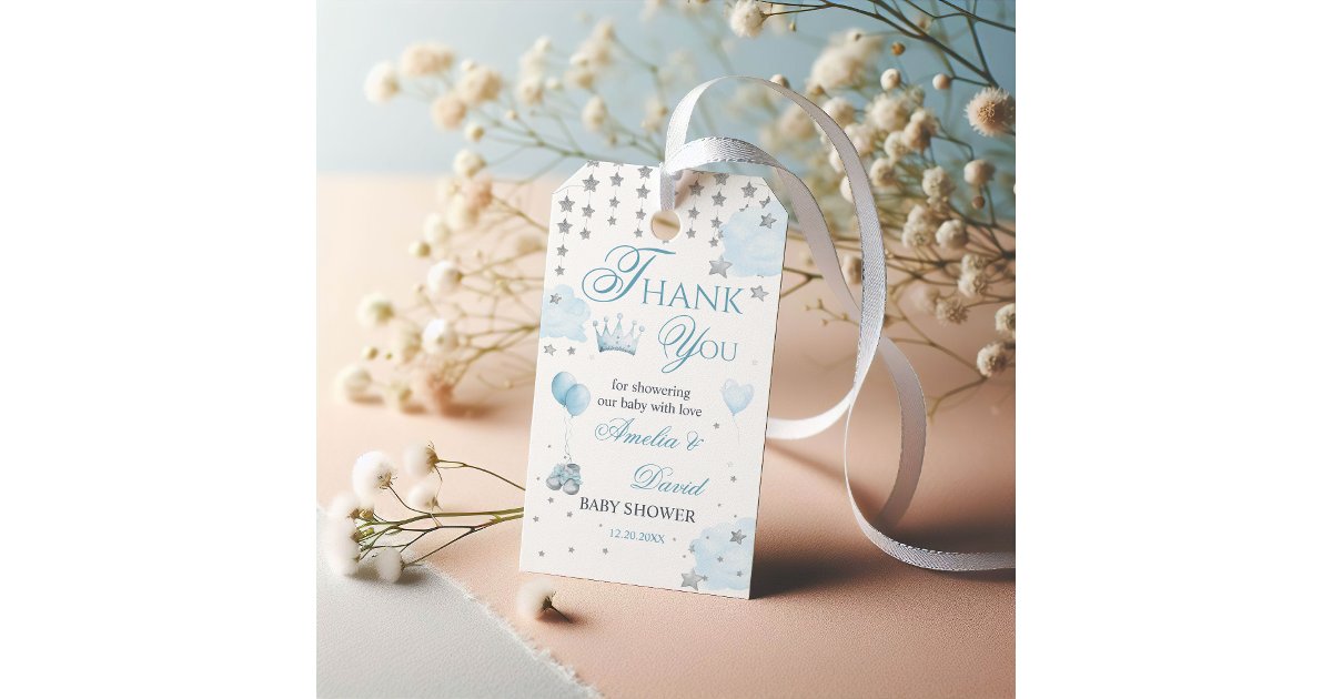 Watercolor Blue Little Prince Balloon Thank You Gift Tags | Zazzle