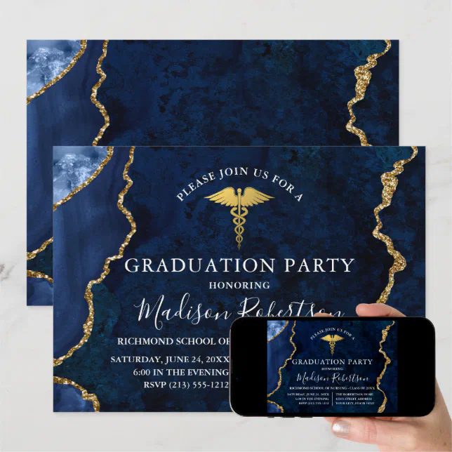 Watercolor Blue Marble Gold Medical Grad Party Invitation | Zazzle