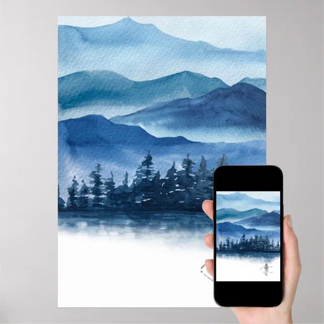 Watercolor Blue Mountains Scenic Landscape Poster | Zazzle