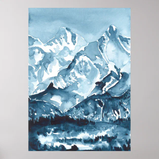 Watercolor blue mountainscape, landscape poster | Zazzle