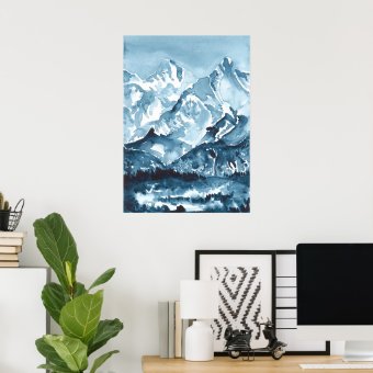 Watercolor blue mountainscape, landscape poster | Zazzle