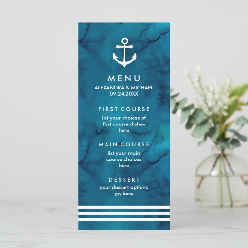 Watercolor Blue Nautical Wedding Menu | Zazzle