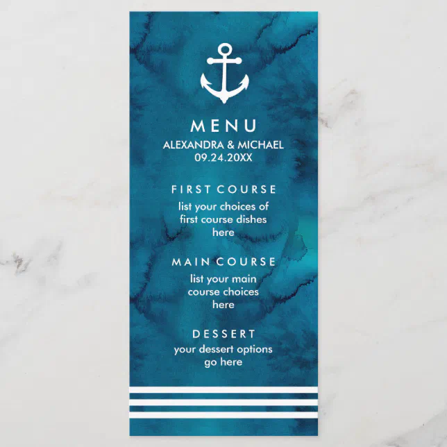 Watercolor Blue Nautical Wedding Menu | Zazzle