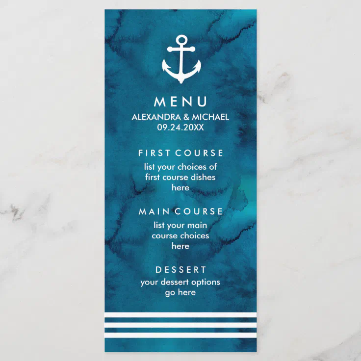Watercolor Blue Nautical Wedding Menu | Zazzle