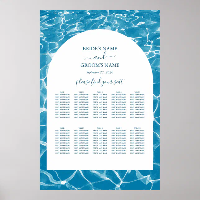 Watercolor Blue Ocean Beach Wedding Seating Chart | Zazzle