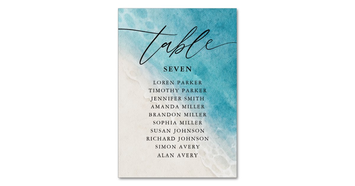Watercolor Blue Ocean Beach Wedding Table Number | Zazzle