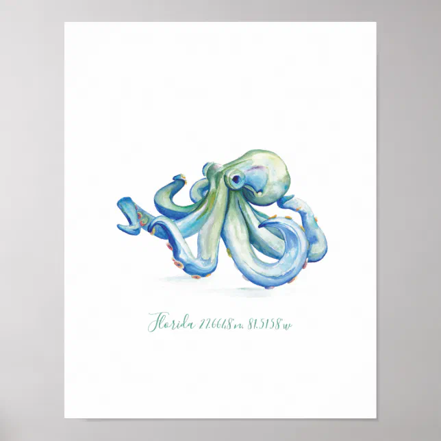 Watercolor Blue Octopus Map Coordinates Poster | Zazzle
