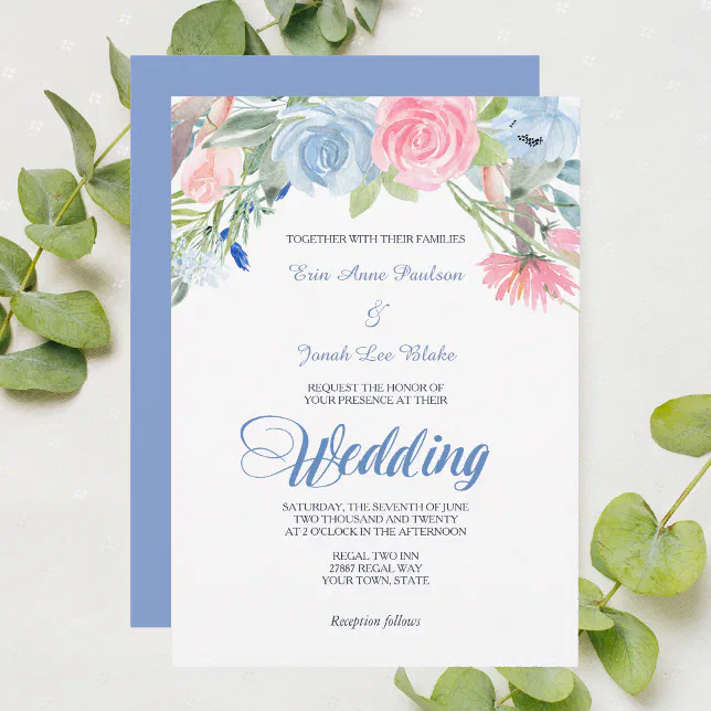 Watercolor Blue Pink Floral Wedding Invitation | Zazzle