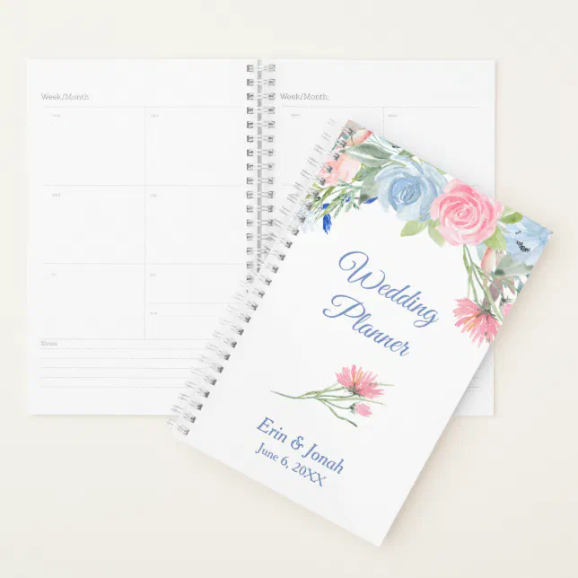 Watercolor Blue Pink Floral Wedding Planner | Zazzle