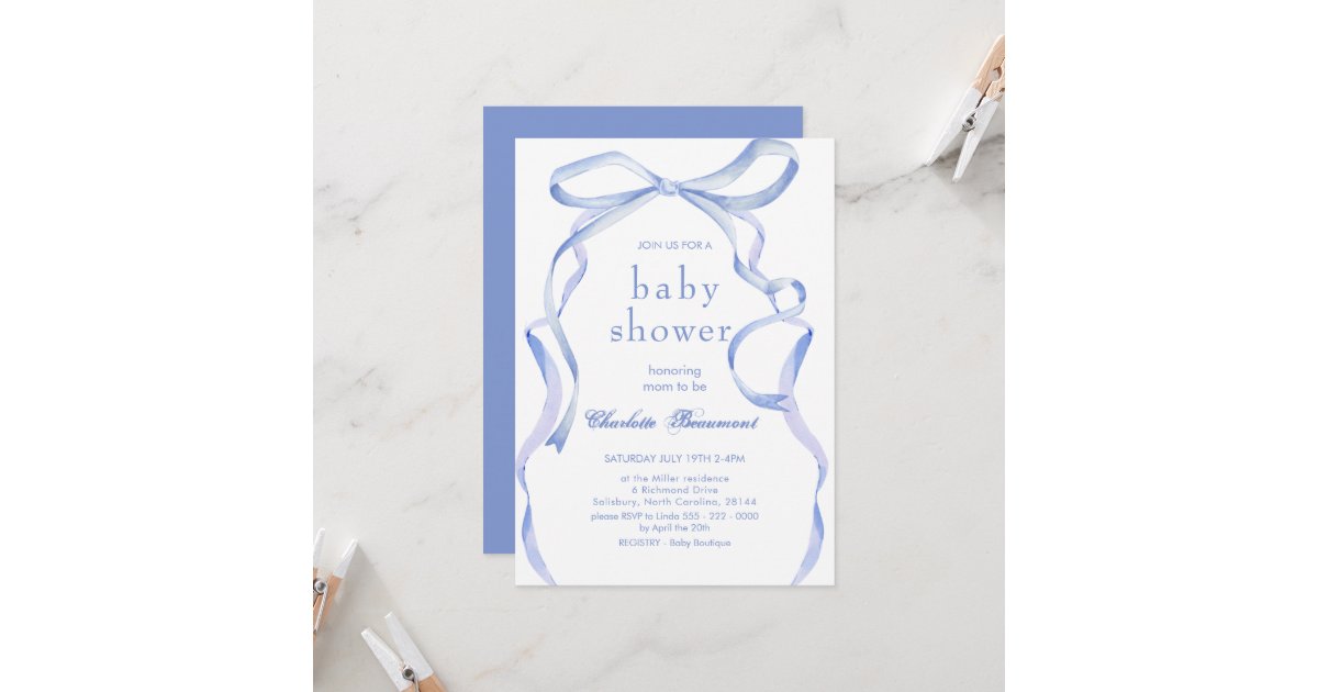 Watercolor Blue Ribbon Baby Shower Invitation | Zazzle