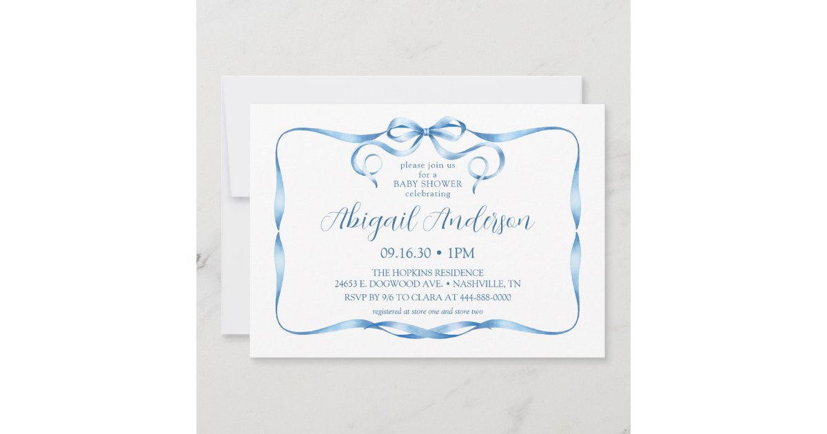 Watercolor Blue Ribbon Baby Shower Invitation | Zazzle