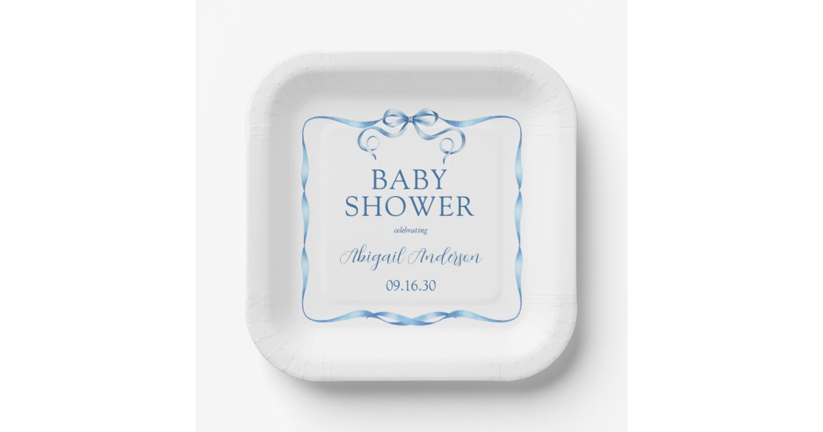 Watercolor Blue Ribbon Baby Shower Paper Plates | Zazzle