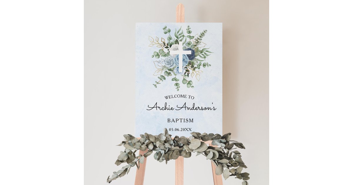 Watercolor Blue Roses Baptism Christening Welcome Foam Board | Zazzle