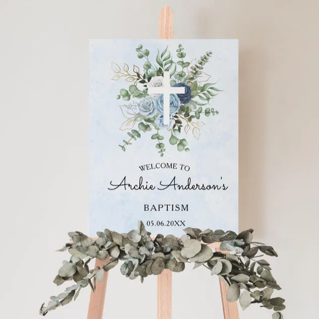 Watercolor Blue Roses Baptism Christening Welcome Foam Board | Zazzle