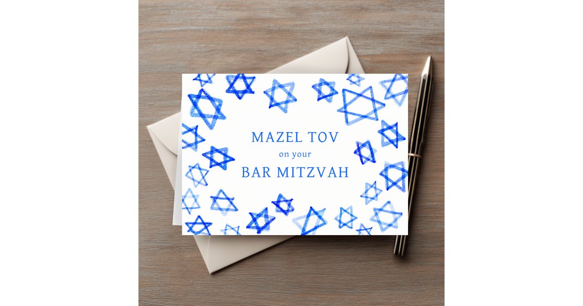Watercolor Blue Stars MAZEL TOV Bar Mitzvah Card | Zazzle