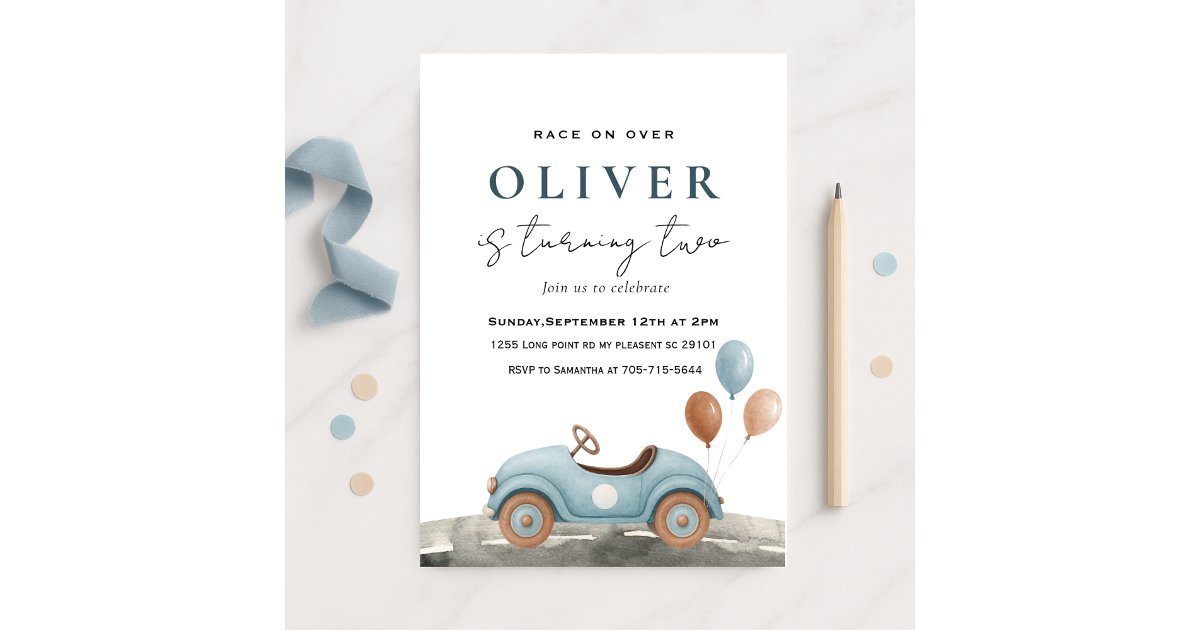 Watercolor Blue Toy Car Birthday Invitation | Zazzle