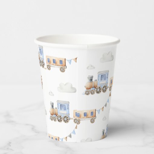 Watercolor Blue Train Paper Cups | Zazzle