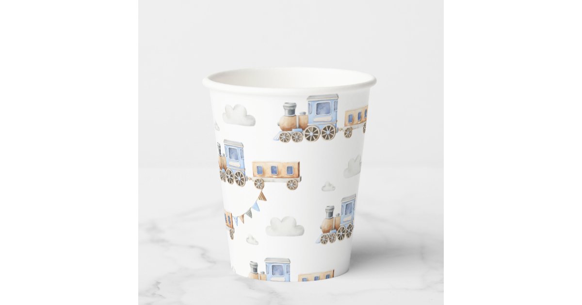 Watercolor Blue Train Paper Cups | Zazzle