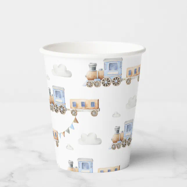 Watercolor Blue Train Paper Cups | Zazzle